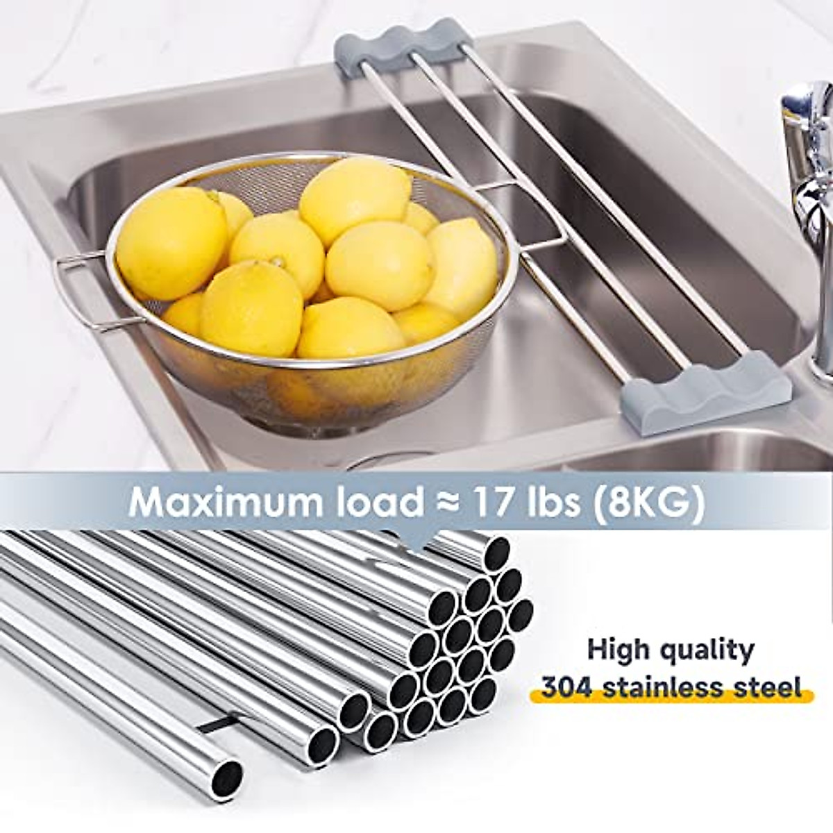 Tomorotec Rack for Sponge Dish Rags Bottles Brushes Kitchen Sink Accessories Over the Sink Adjustable Dishcloth Holder Heat-Resistant Sink Rack Multifunctional Stainless-Steel Silicone Slim Expandable
