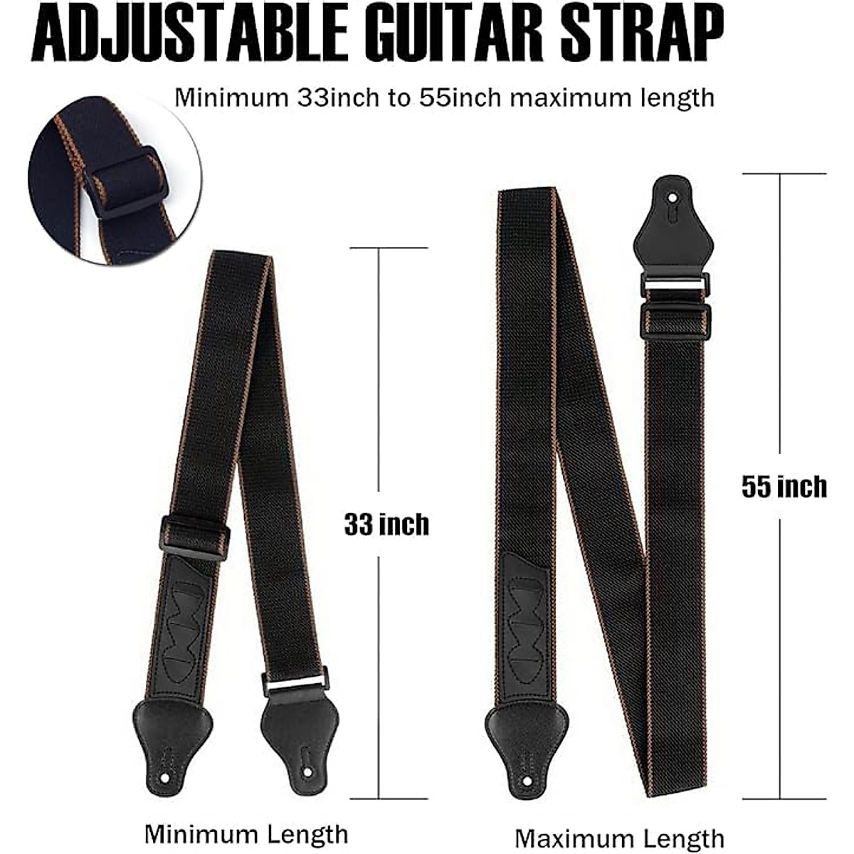 ROTOPATA Guitar Strap with Pick Holders, 2 Buttons 2 Locks 3 Guitar Picks, Cotton Strap with PU Leather Ends, Length Adjustable for Son Daughter (Black)