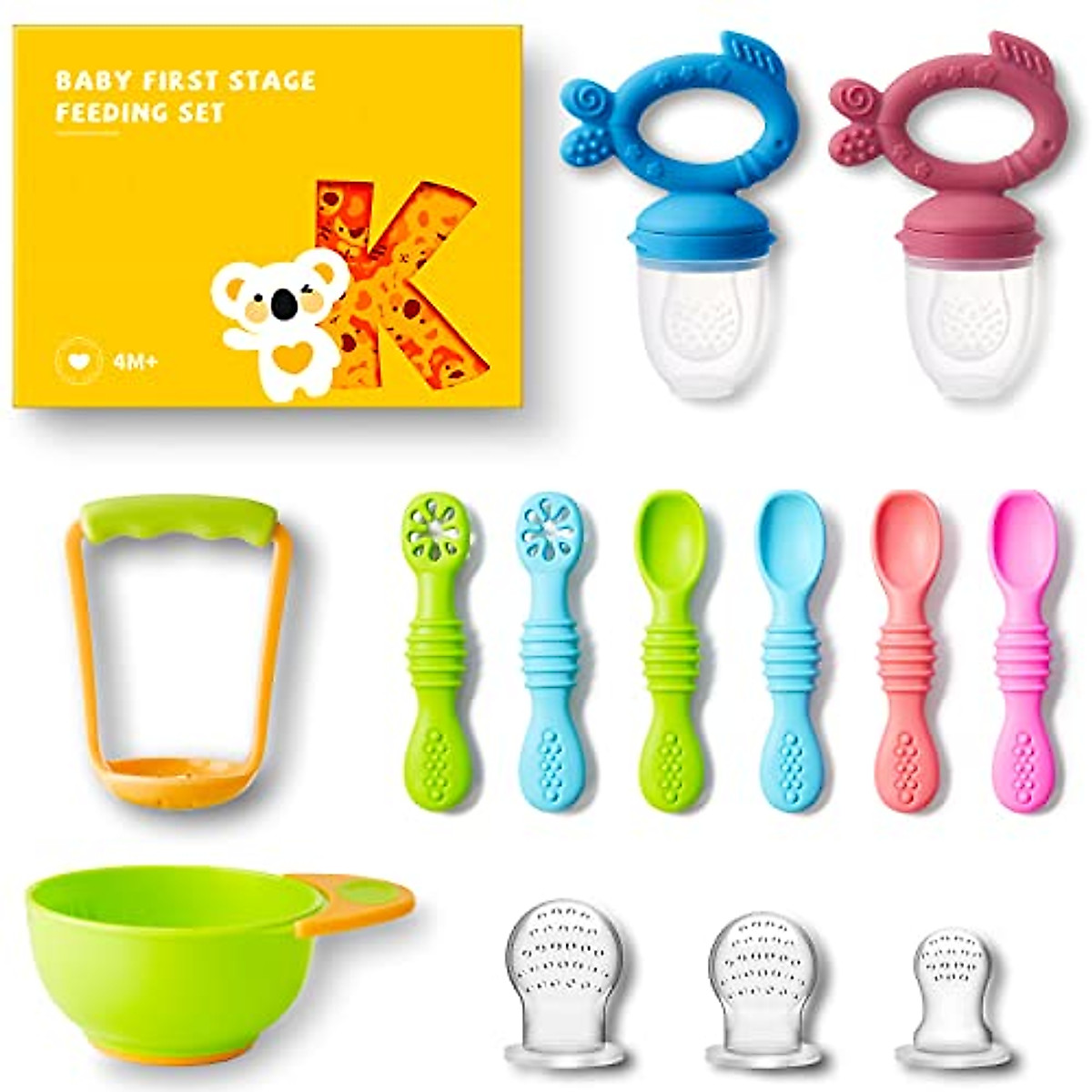 Baby Spoons Silicone Baby Led Weaning Feeding Spoon Set with Baby Fruit Feeder Pacifier Fresh Food Feeder (2 Count) - Baby Teething Toys Teether, Mash and Serve Bowl, Baby Feeding Set First Stage