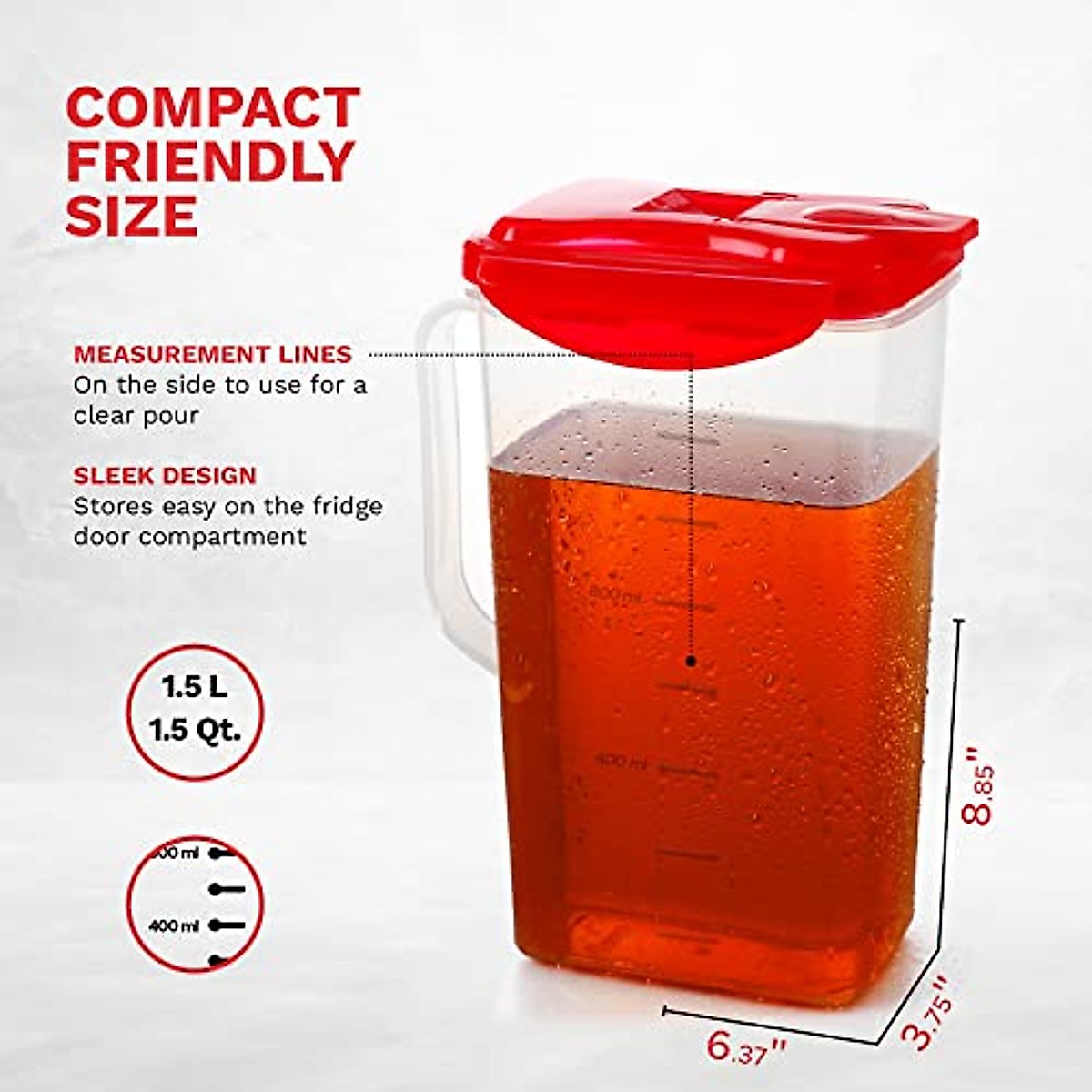 Pitcher 50 Oz. | Plastic Pitcher with Lid | Jug for Fridge | Juice Container with Lid | Iced Tea Pitcher | Airtight Pitcher with Spout Perfect for Lemonade, Water. BPA Free, Red (Small))