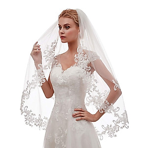 EllieHouse Women's Short 2 Tier Lace White Wedding Bridal Veil with Comb L24WT