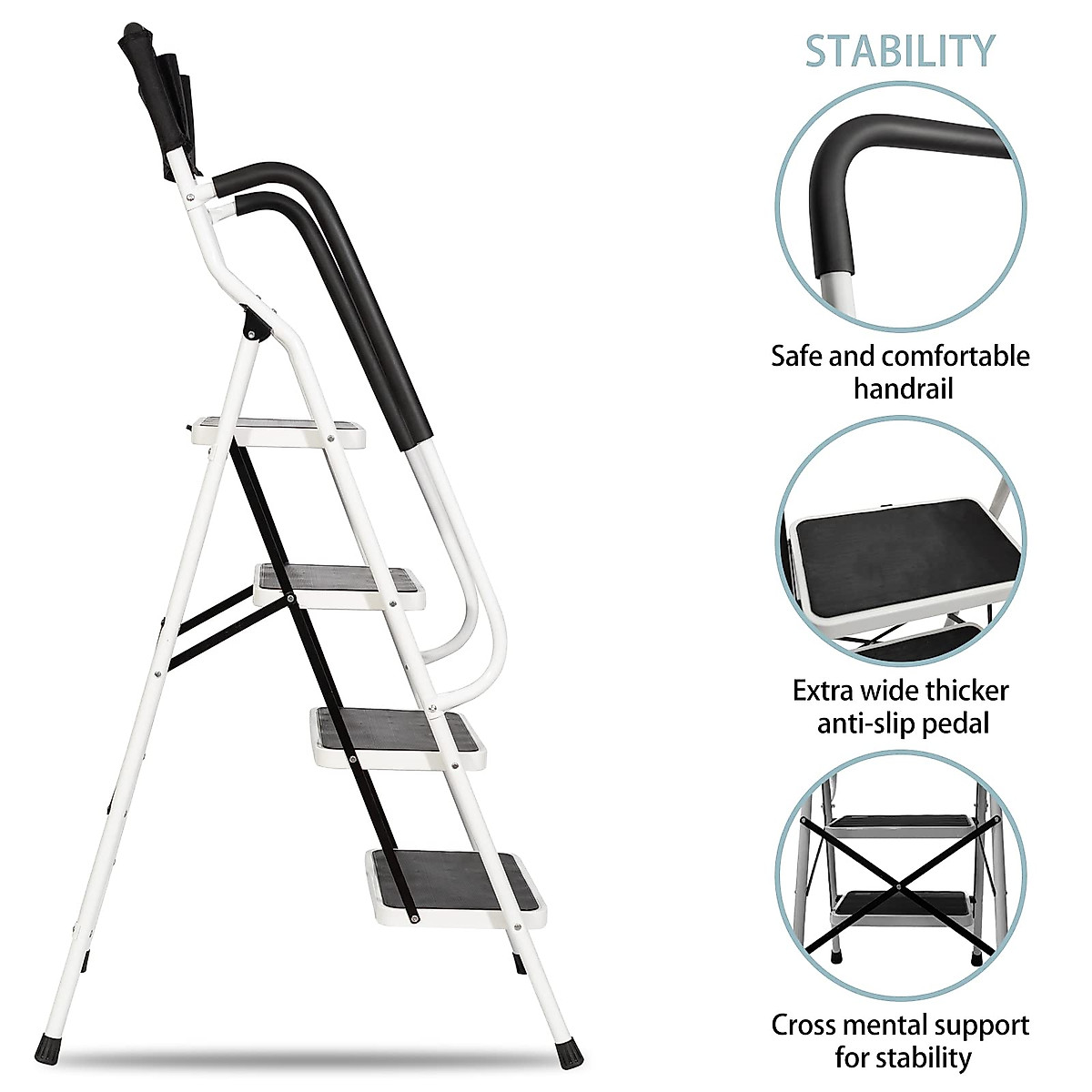 Portable Folding Step Ladder with Safety Handrails Anti-Slip Sturdy Large Area Pedal Steel Step Stool White and Black 4-Feet & Attachable Tool Bag for Kitchen Home and Office, Capacity: 500 lbs
