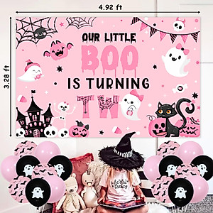 Fangleland Halloween Girls 2nd Birthday Decorations - Our Little Boo Is Turning Two Second Birthday Party Supplies for 2 Year Old Girl - Ghost Bat Backdrop Balloons Cake Topper Pink and Black