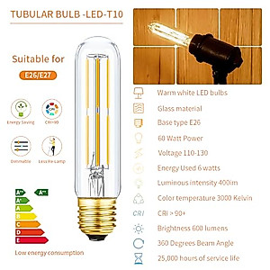 T10 LED Bulbs Warm White 3000K Clear Glass Tubular Edison Bulb dimmable E26 6W Equal 60 watt Light Bulb Warm White Light Bulbs 600LM Tubular for Rustic Pendant,Chandeliers,Wall sconces,Vanity . (8)