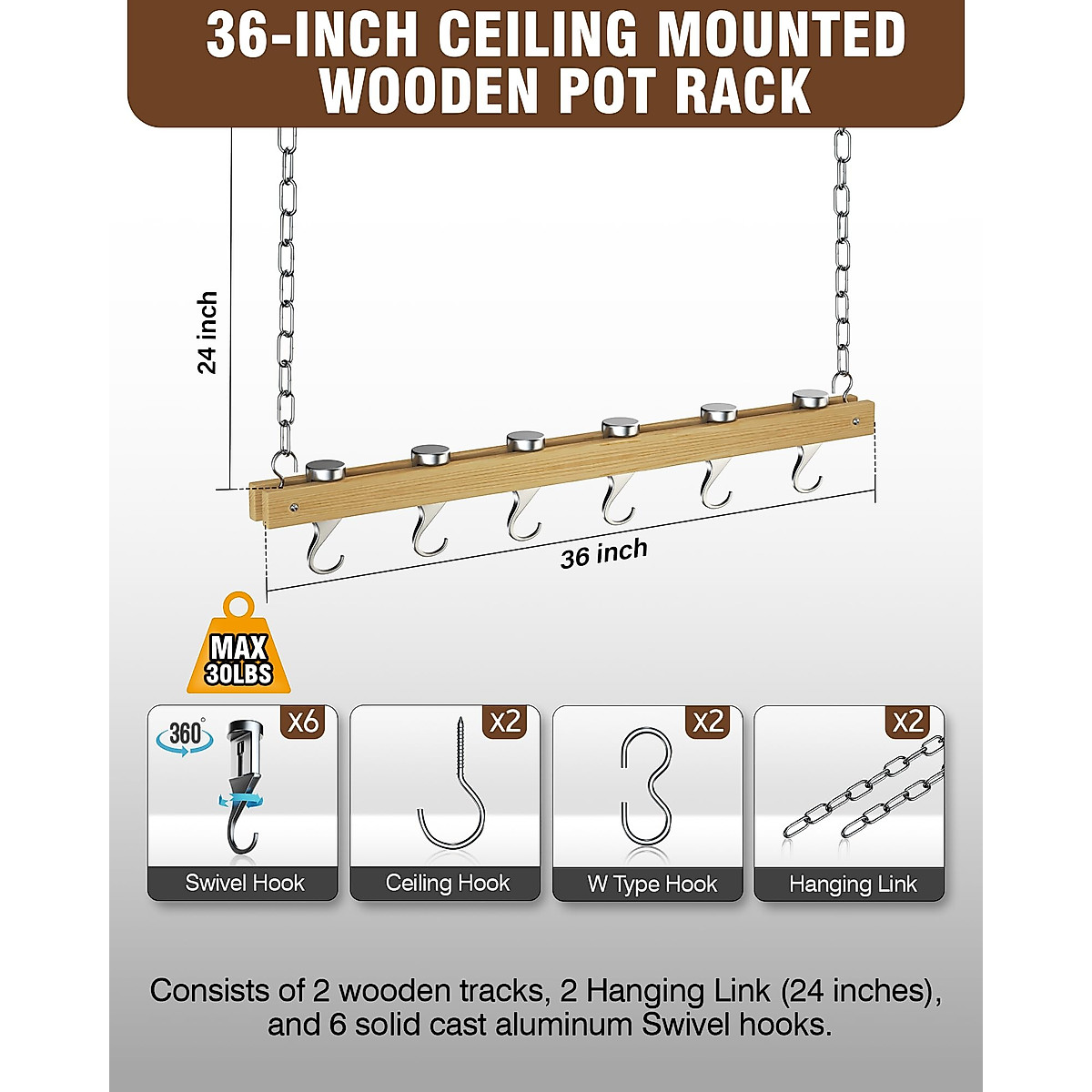 Cooks Standard NC-00269 Standard, Single Bar, 36-Inch Ceiling Mounted Wooden Pot Rack, Brown