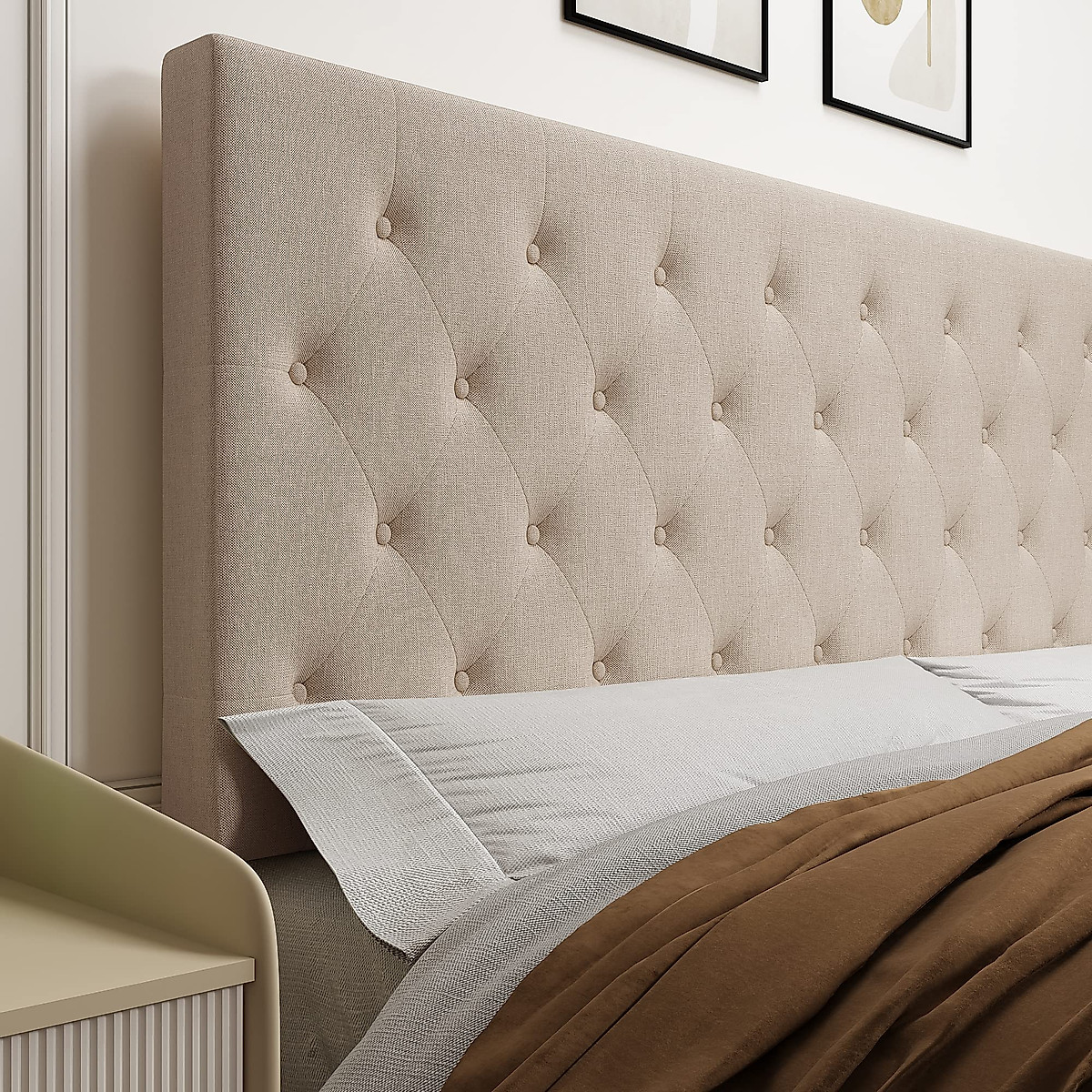 Allewie King Bed Frame with Adjustable Headboard/Diamond Stitched Button Tufted/Fabric Upholstered Platform Bed Frame/Wood Slat Support/No Box Spring Needed/Easy Assembly, Beige