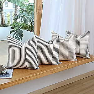 Hckot Black and Beige Patchwork Farmhouse Throw Pillow Covers 18 x 18 Inch, Pack of 2 Striped Linen Decorative Pillow Case for Sofa Couch Chair Bedroom Modern Decor(Black)