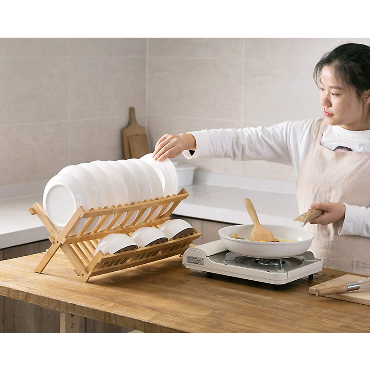 Lawei Collapsible Bamboo Dish Drying Rack - Plate Holder Dish Rack Cup Drying Strainer for Dish, Plate, Bowls, Cup