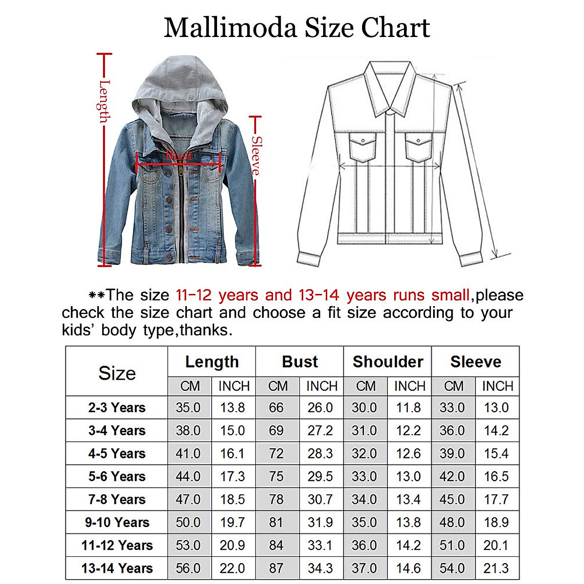 Mallimoda Kids Boys Girls Hooded Denim Jacket Zipper Coat Outerwear Style 2 Blue13-14 Years