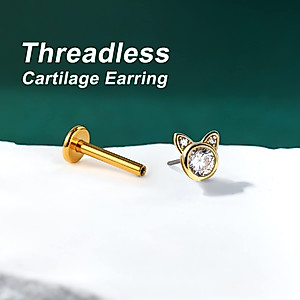 COCHARM 14K Gold Cartilage Earring Stud Yellow Gold 16g Flat Back Cartilage Stud 14K Solid Gold Push in Cartilage Piercing Stud Cat Labret Stud Gold Medusa Studs