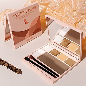 Pro Cream Highlight and Contour Palette Kit with Mirror & Brush for Women. White Silver Gold Highlight Brown Face Correcting Concealer Palette