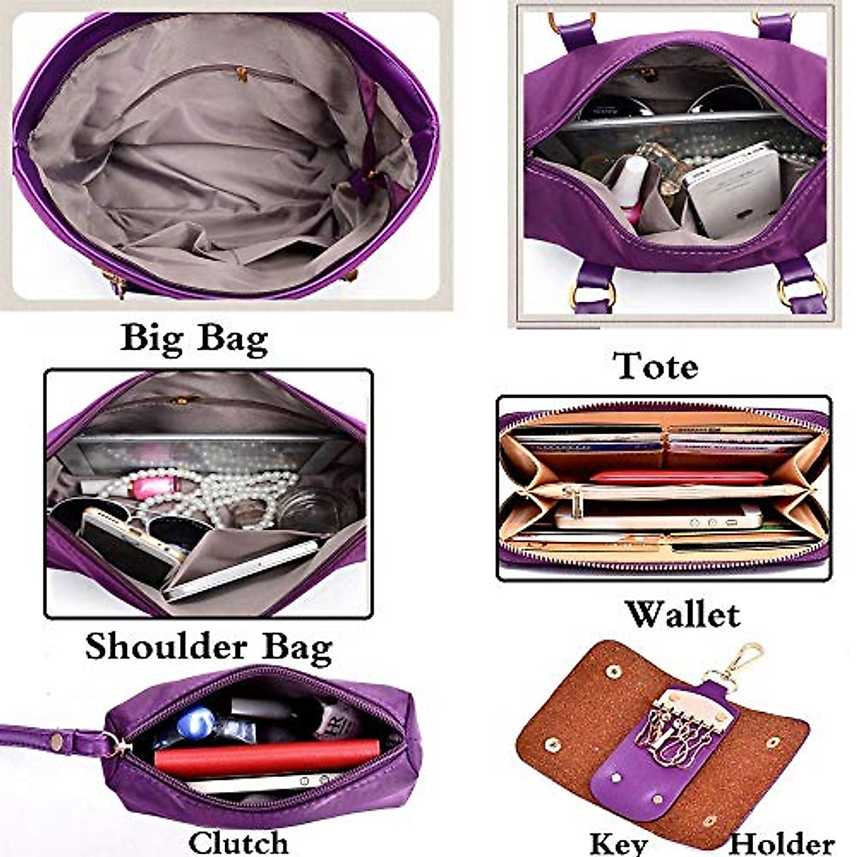 FiveloveTwo Womens Ladies 6 Pcs Handbag Set Hobo Top Handle Bag Totes Satchels Crossbody Shoulder Bags and Purse Clutch