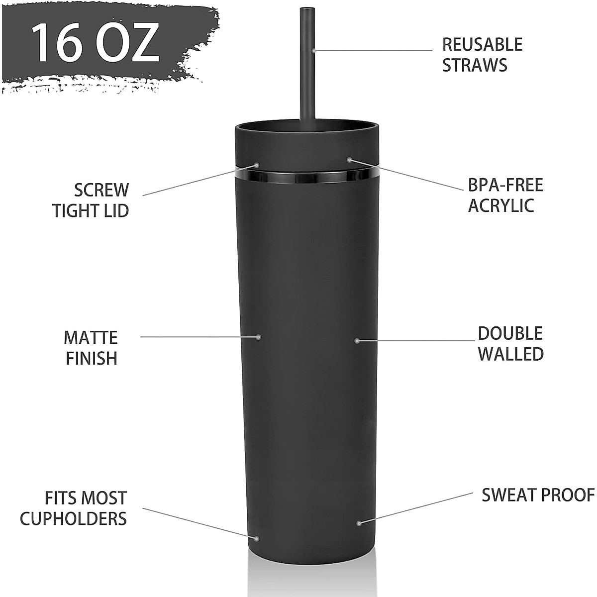 Futtumy Skinny Tumblers with Lids and Straws, 16Oz Matte Black Tumbler, Reusable Pastel Acrylic Tumblers, Double Wall Tumblers, Plastic Coffee Tumbler for Cold Hot Drinks, DIY Cups (Black, 1Pcs)