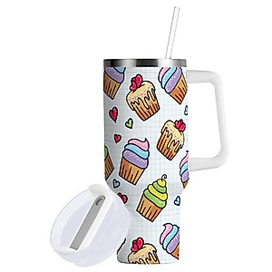 ARGTILDN 30 oz Tumbler Cupcakes Cakes Hearts Insulated Travel Mug with Handle and Straw Lid Stainless Steel Vacuum Coffee Cup Tea Beverage Container Water Bottles for Car Sports office
