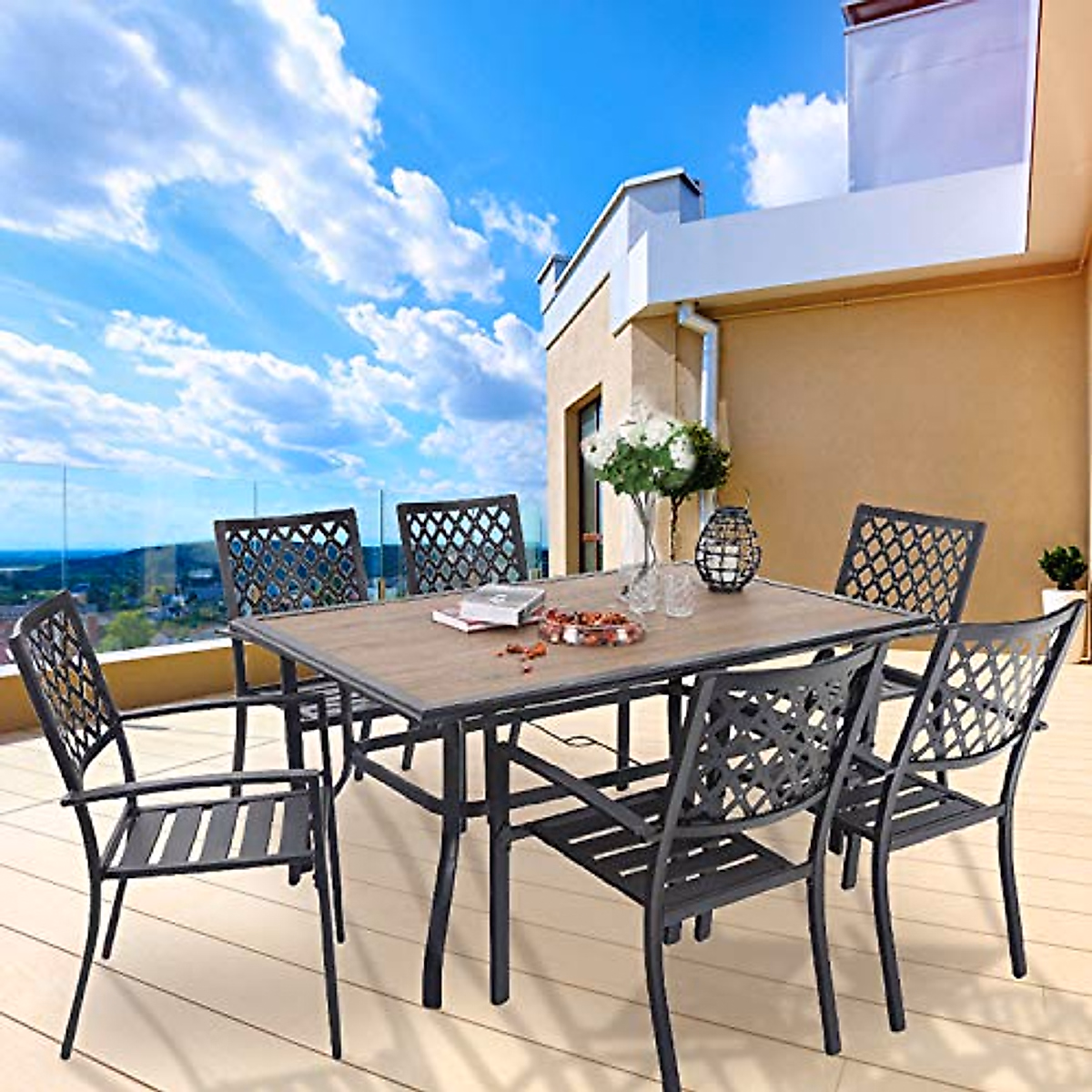 PHI VILLA 7-Piece Metal Outdoor Patio Furniture 37.4" x 59.8" Wood Like Rectangular Dining Table and Chairs Set for Ourdoor Backyard Lawn Garden, Black