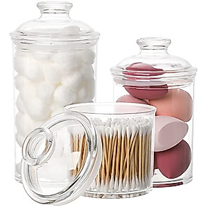 Lyellfe Set of 3 Acrylic Apothecary Jars, Vanity Organizer Canister with Airtight Lids, Bathroom Qtip Holder, Clear Storage Jar for Candy, Bath Salt, Cotton Ball, Cotton Swab, 34 oz, 25 oz, 17 oz