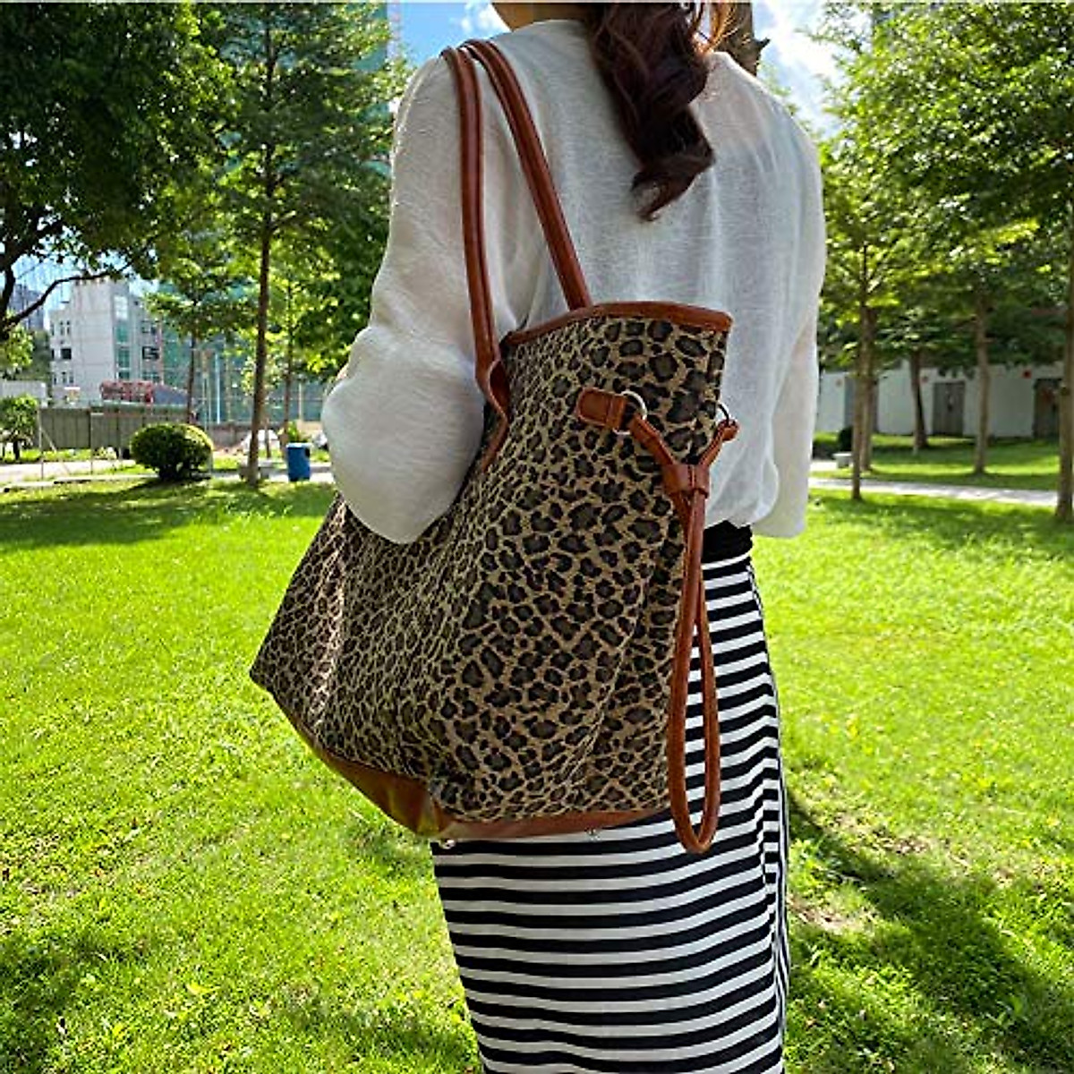 Large Tote Handbag Leopard Canvas Tote Purse Brown Cheetah Print Beach Bags with Pockets leopard Print Gifts for Women (Cheetah) (L)