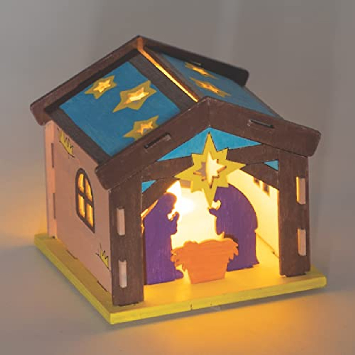 Baker Ross FC206 Nativity Stable Wooden Model Kit - Pack of 3, Tealight Holder to Decorate and Display, Wooden Crafts for Children, Ideal Christmas Arts and Crafts Project