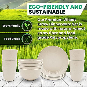 Miizula Premium 16 Pcs Beige Wheat Straw Plastic Dinnerware Sets - Unbreakable Reusable Wheat Straw Bowls and Plates Dinner Set - Microwave Dishwasher Freezer Safe - Deep Spillproof - Eco Friendly