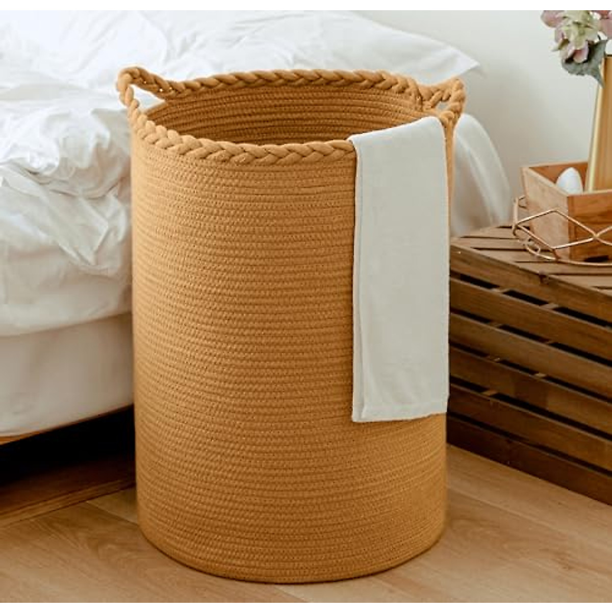 Homlikelan 58L Cotton Woven Laundry Hamper,Foldable Laundry Basket for Blankets,Pillows,Toys,Shoes Tall CLothes Hamper Laundry Bin Light Brown 20''H 15''D
