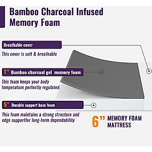 PayLessHere 6 Inch Gel Memory Foam MattressKing Size Mattress Bamboo Charcoal Infused Mattress in a Box Medium-Firm Pressure Relief CertiPUR-US Certified,Fiberglass Free,White