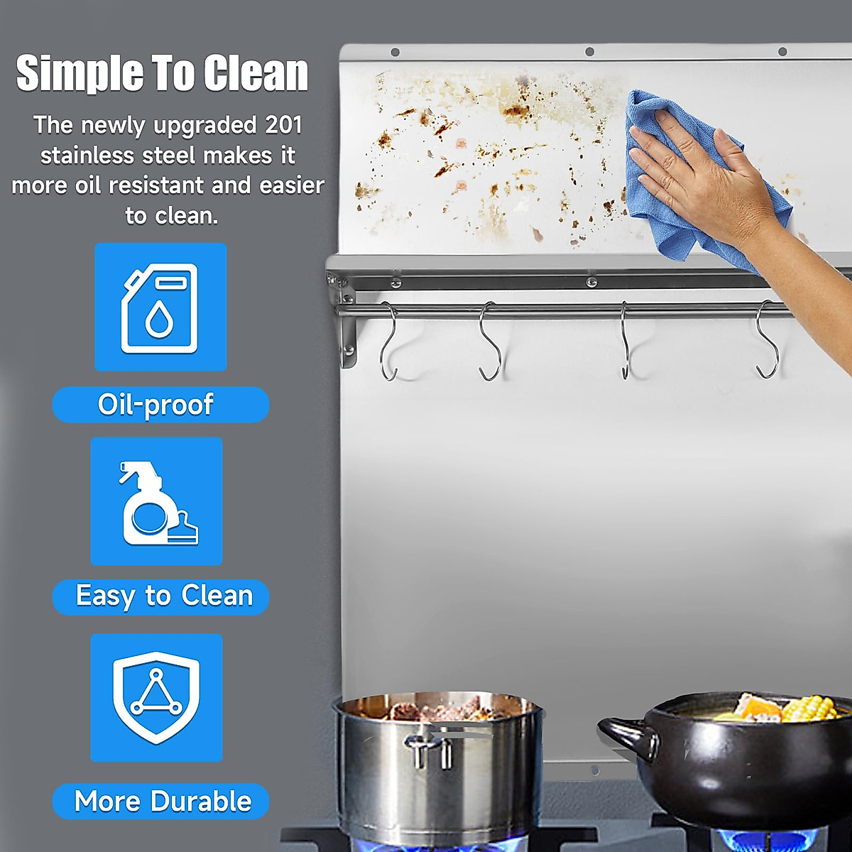 Range Backsplash with Shelf 30 x 30.7 Inch Range Hood Wall Shield Max. 66.14 lbs Load Capacity Stainless Steel Backsplash with Built-in Storage Shelf and Hanging Rack for Kitchen Home Restaurant