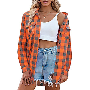 Zeagoo Womens Tartan Plaid Flannel Shirts, Roll up Sleeve Casual Boyfriend Button Down Gingham Checkered Shirt, Orange, X-Large