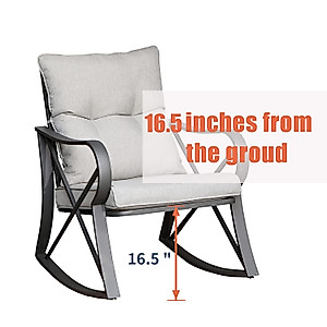 SUNBURY Outdoor Furniture 3-Piece Rocking Chair Set w Warm Gray Cushion, Tempered Glass Table - Elegant Patio Frame Bistro Chair for Backyard