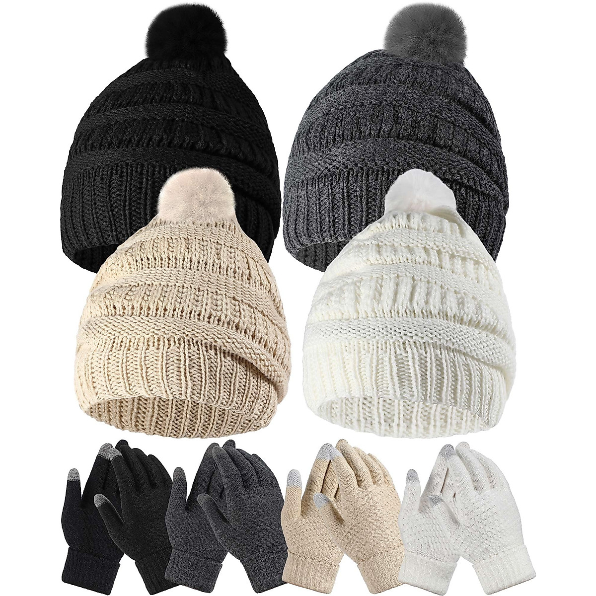 Suhine 8 Pcs Winter Beanie Hat and Gloves Set for Women Pompom Beanie Hat Fleece Lined Hats with Women Touchscreen Gloves, 4 Colors