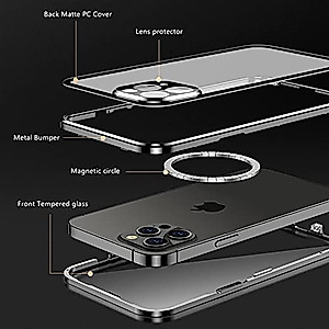 Jonwelsy Case for iPhone 13 Pro Max, 360 Degree Double-Sided Protection Compatible with Magsafe Magnetic Adsorption Metal Bumper Front Tempered Glass Back Frosted PC Cover for 13 Pro Max 6.7" (Blue)