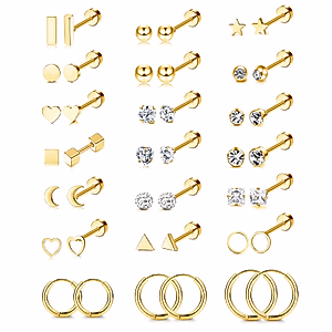 LOLIAS Small Flat Back Earrings Hypoallergenic Surgical Steel Earrings 14K Gold Plated Stainless Steel Stud Earrings for Women Men Tiny Stud Hoop Cartilage Earring