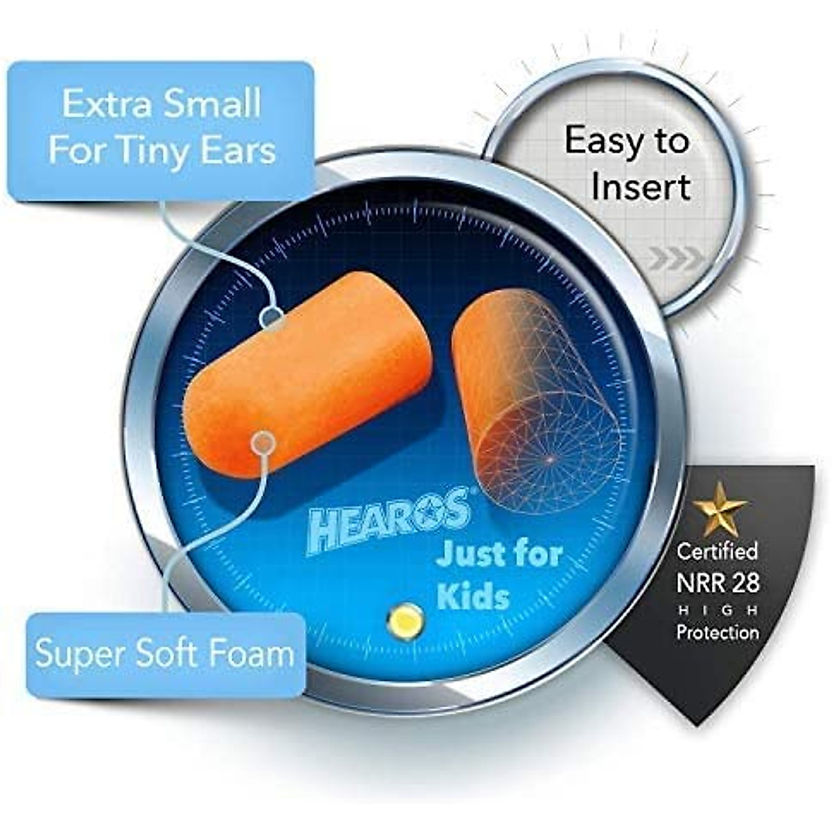 HEAROS Just for Kids Ear Plugs NRR 28 Foam EarPlugs, Extra Small Corded Hearing Protection with Storage Case (3 Pairs)
