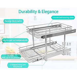 Pull Out Cabinet Organizer, Heavy Duty-14"W x 22"D x 15.5"H（13.8"H）,Request at Least 14.5"W x 22"D x 14"H Cabinet, 2 Tier Sliding Pull out drawers for kitchen cabinets, Chrome
