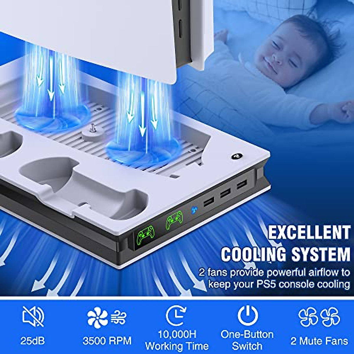 PS5 Stand with 2 Cooling Fan, Dual Fast PS5 Controller Charging Station with 3 Extra USB Ports, PS5 Cooling Station PS5 Accessories Vertical Stand for Sony Playstation 5 Dualsense/Digital/Disc Edition