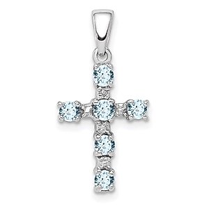 Sterling Silver Rhodium-plated Aquamarine & Diamond Accent Cross Pendant QQDX888