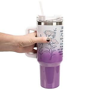 Elanze Designs Serenity Prayer Lord Grant Me Flowers 40 oz. Stainless Steel, Large Water Bottle Coffee Mug, Spill & Leak Resistant, Thermal Travel Tumbler with Handle, Lid & Straw, White/Purple