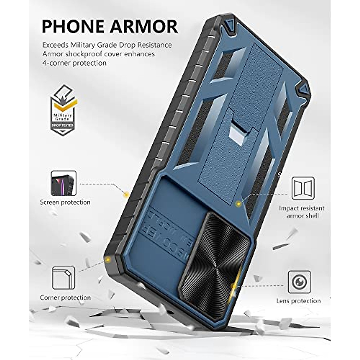 Case for Samsung Galaxy A32 5G: Military-Grade Drop Proof Protection Rugged Protective Shockproof TPU Textured Bumper Armor Design A32 5G Phone Cover with Built in Kickstand & Slide (Blue)