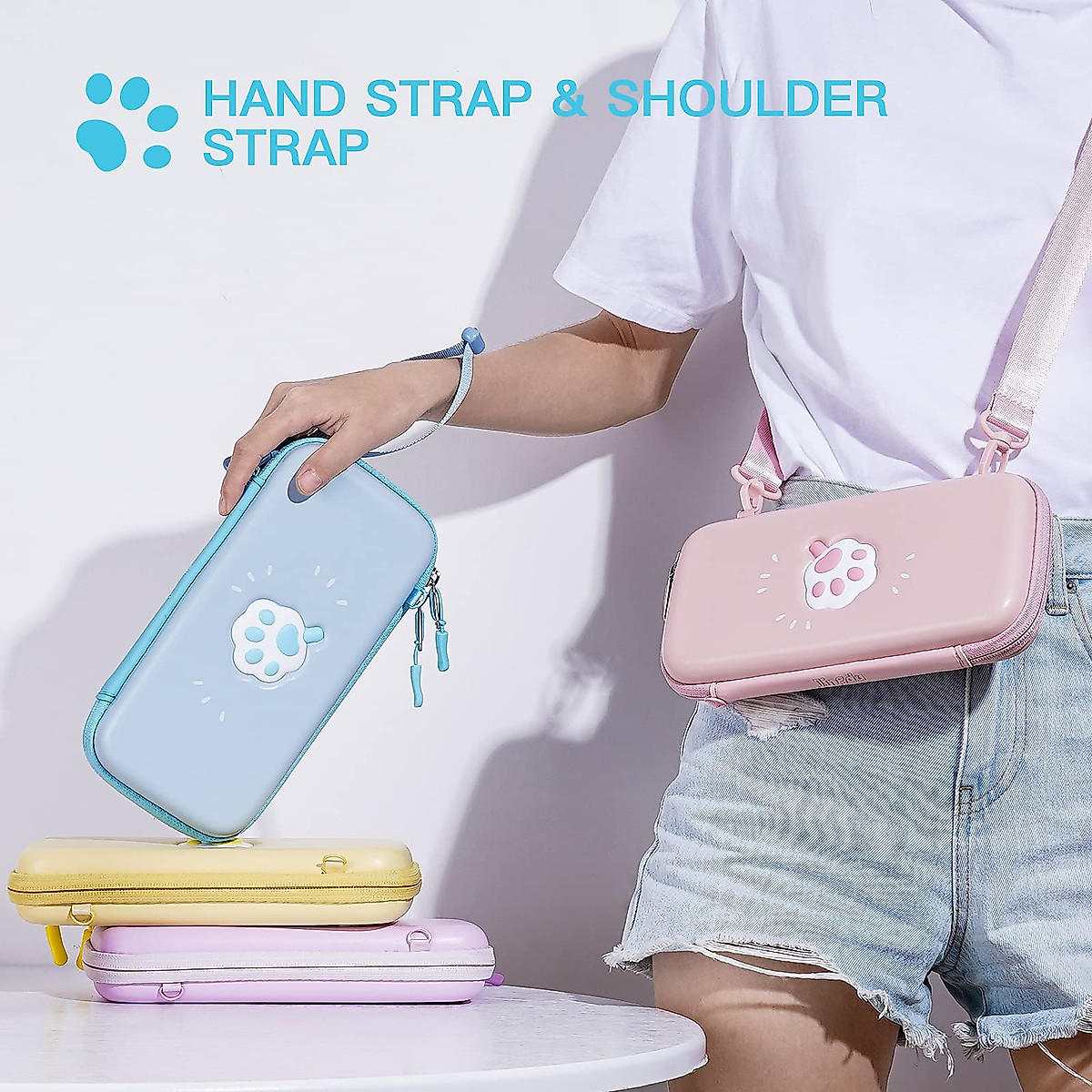 JINGDU Carrying Case Compatible with Switch Lite, Cute 3D Cat Paw Storage Bag with Screen Protector, Thumb Grips, Protective Case, Straps, Premium Accessories Kit, Blue