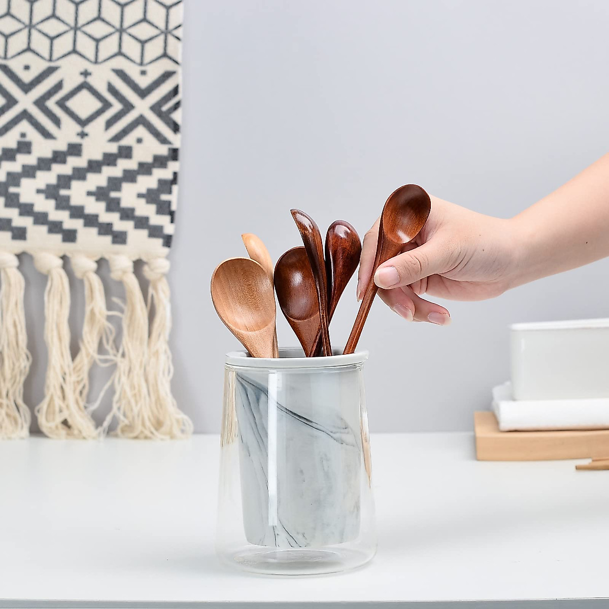 Silverware Caddy, Marble Style Utensil Caddy, Silverware Holder, 3.38″ Utensil Crock with Ceramic Filter Water Utensil Holder and Glass Water Storage Container, Cutlery Caddy, ANTIS'S HOME