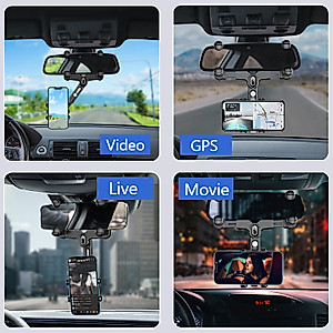 POWDAPTE Rear View Mirror Phone Holder, 360°Rotatable and Retractable Rearview Mirror Phone Holder for Car, Upgraded Four Corners Anti-Shake Multifunctional Design for All iPhone & Car Rearview Mirror