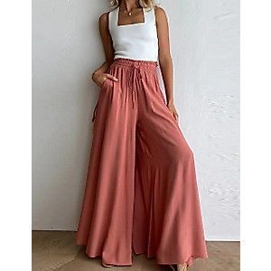 Yidarer Women's Casual Beach Palazzo Pants Flowy Wide Leg Lounge Pants with Pockets(Orange-XL)