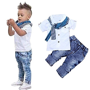 Ritatte Toddler Baby Boys Denim Outfits Short Sleeve Shirts+ Jeans Pants + Scarf 3Pcs Set Kids Casual Summer Clothes 1-6Y(White, 4-5T)
