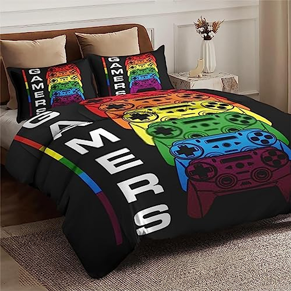 Duvet Cover Full Size, Gamepad Gamer Vintage Red Bedding Set with Zipper Closure for Kids and Adults, Game College Gaming Comforter Cover with 2 Pillow Shams for Bedroom Bed Decor
