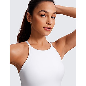 CRZ YOGA Butterluxe Womens High Neck Y Back Sports Bra - Padded Halter Racerback Spaghetti Thin Strap Workout Gym Top White Medium