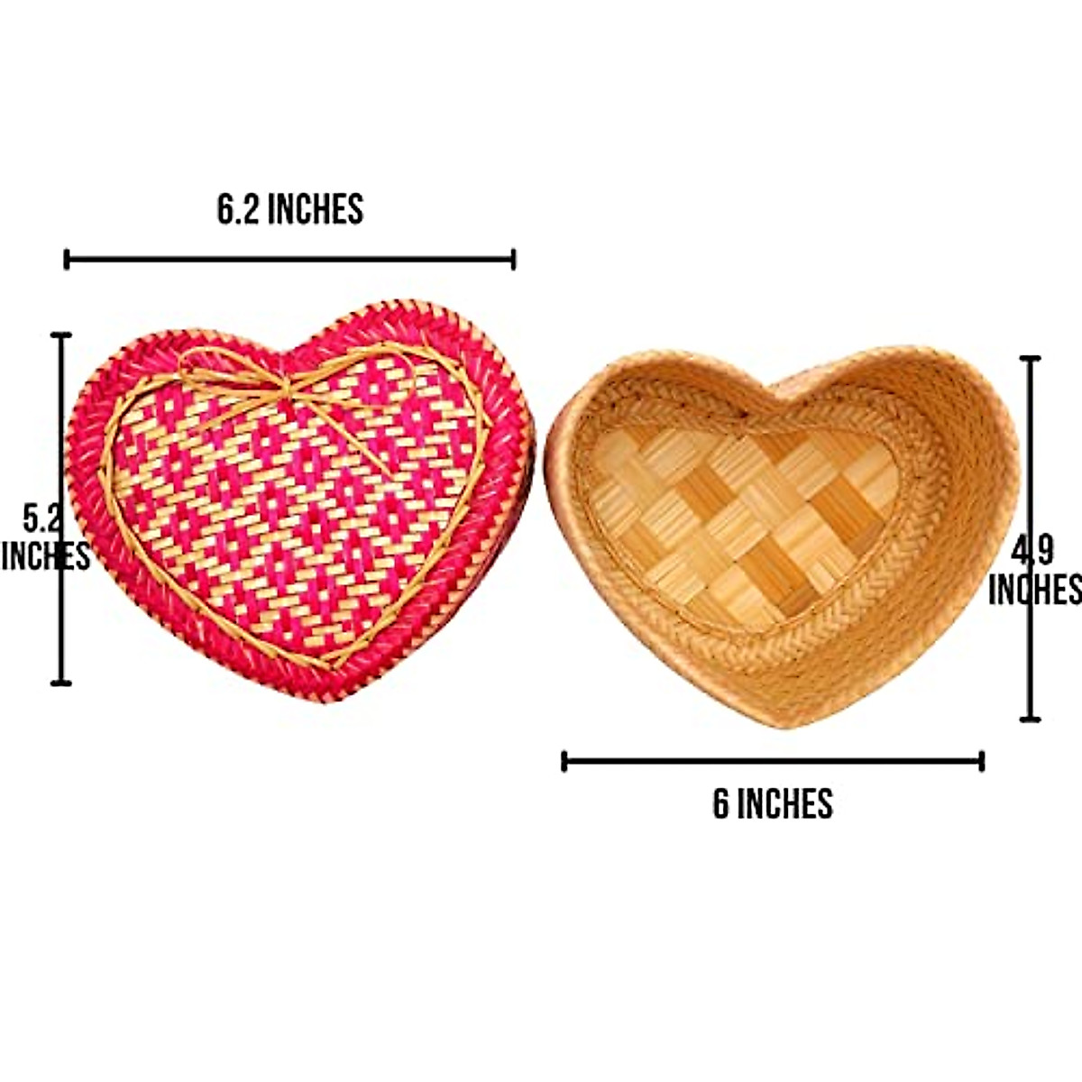 FOREVER 1 – Bamboo Sticky Rice Serving Basket 6.2 x 5.2 Inch, Kratip, Intricately Woven Container, Heart-Shaped, Elephant Weave Pattern, Bright Pink, Thailand Handmade, Dyed with Natural Based