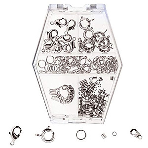 The Beadsmith Basic Elements Findings Assortments for Jewelry Making and Repair, Includes Lobster Clasps, Spring Rings, Jump Rings, End Tags, and Crimp Beads, Silver Color