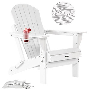 Withniture Folding Adirondack Chairs, HDPE Adirondack Chair Wood Texture Plastic Adirondack Chairs with Cup Holder, Weather Resistant Fire Pit Chairs for Backyard Deck, White