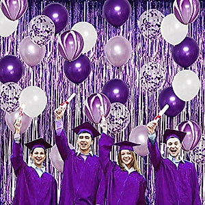 Purple Party Decorations Kit, Purple Foil Fringe Curtain Backdrop, Purple and White Balloons Set, Purple Birthday Decorations, Graduation Party Supplies, Purple Graduation Decorations