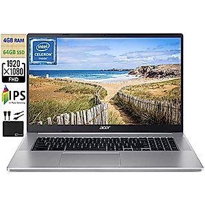 Acer 2022 Newest Chromebook 17.3" FHD 1080p Widescreen Light Laptop, Intel Celeron N4500 (Up to 2.8GHz), 4GB RAM, 64GB eMMC,HD Webcam,UHD Graphics, WiFi 6, 10+ Hours Battery,Chrome OS,w/MarxsolCables