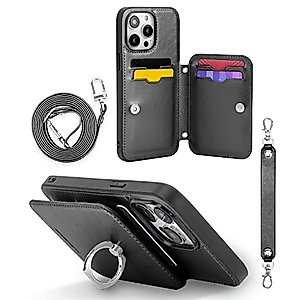 GOOSPERY Rich-Fit iPhone 14 Pro Max Crossbody Wallet Case for iPhone 14 Pro Max Case [Strap Included] with Card Holder Lanyard Magnetic Clasp [Kickstand Ring] Heavy Duty Protection, Black